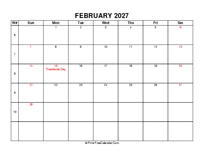 February 2027 Calendars with USA Holidays (Word, PDF, Excel)