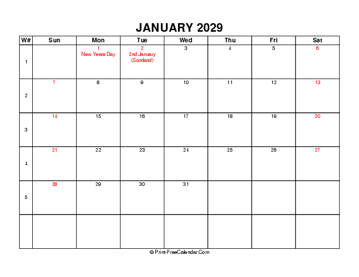 Download 2029 January Calendar Week Number Uk Bank with Holidays Sunday ...