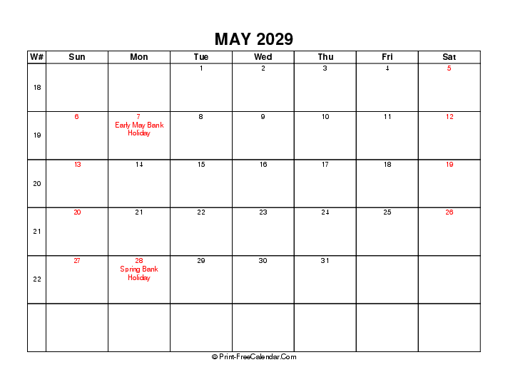 Download 2029 May Calendar Week Number Uk Bank with Holidays Sunday ...