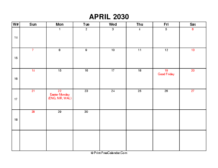 Download 2030 April Calendar Week Number Uk Bank with Holidays Sunday ...