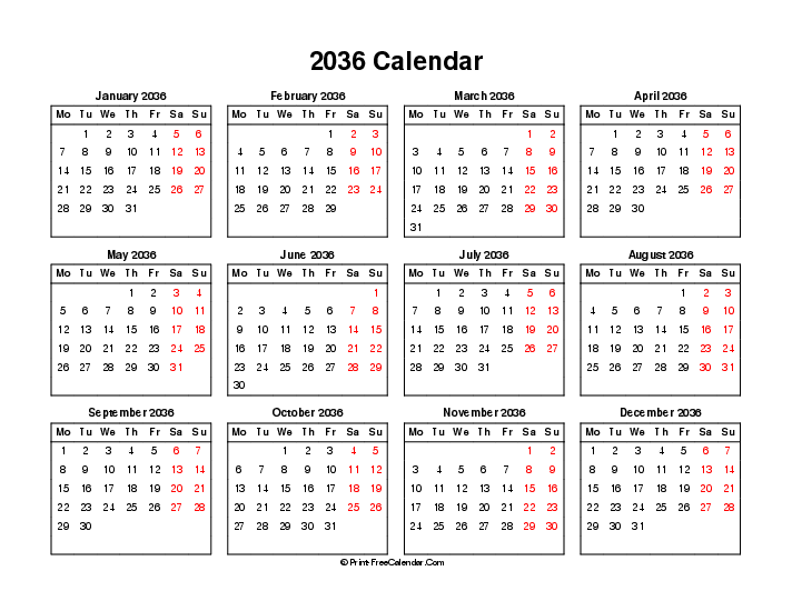 2036 Calendar with Weeks start on Monday (Word, PDF, Excel)
