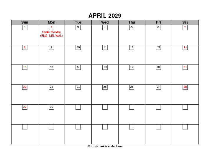Download April 2029 Boxy Calendar With Uk Bank Holidays Sunday Start ...
