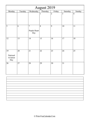 Printable August Calendar 2019 with Holidays