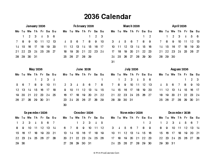 2036 Calendar with Weeks start on Monday (Word, PDF, Excel)