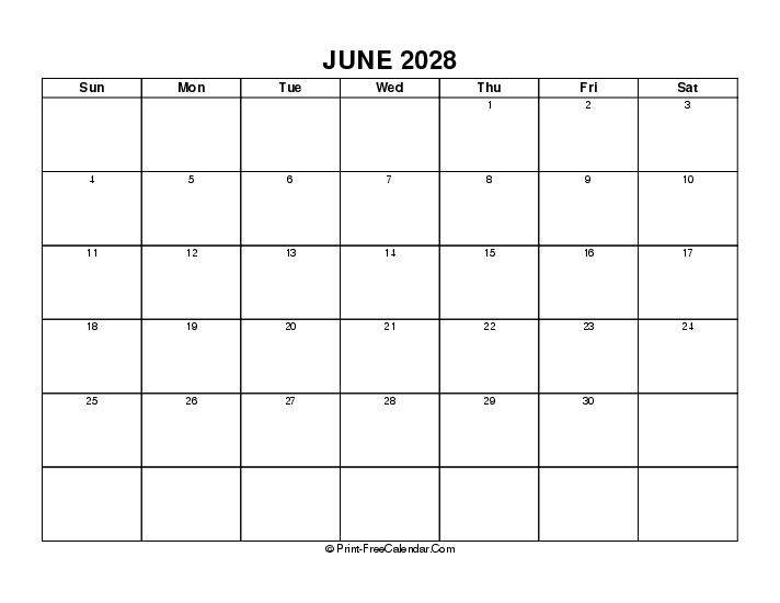 Download Blank June 2028 Calendar Sunday Start (PDF, Word, Excel ...