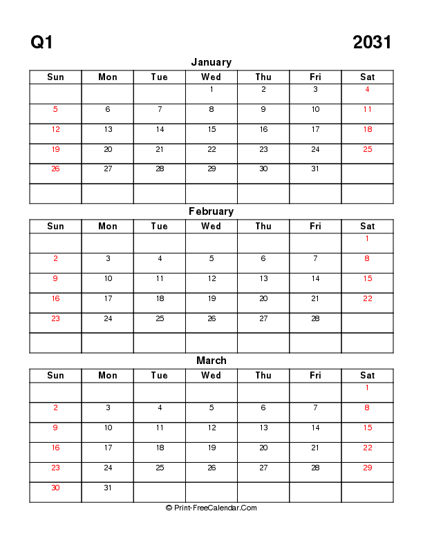 Download Blank Quarterly Calendar Q1 2031 January February March Sunday ...