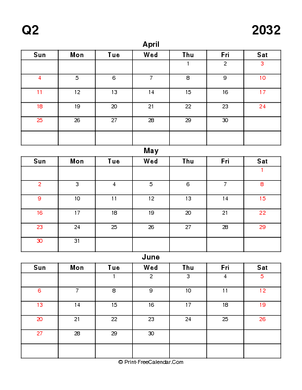 Quarterly Calendar: Q2 2032 (PDF, Word, Excel, Sunday start)
