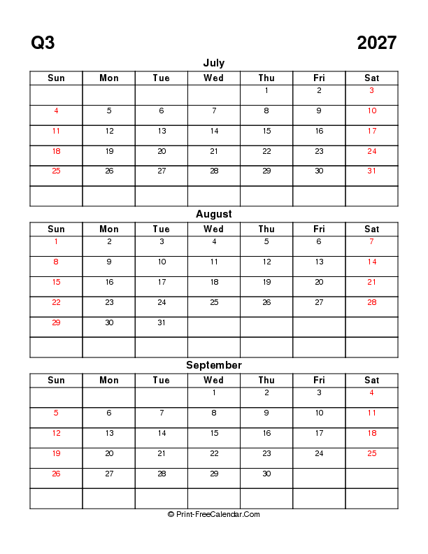 Quarterly Calendar: Q3 2027 (PDF, Word, Excel, Sunday start)