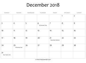 December 2018 Calendar Templates