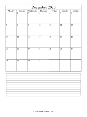Printable December Calendar 2020 with Holidays