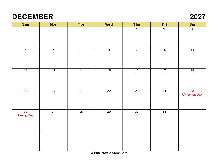 December 2027 Calendars with UK Bank Holidays (Word, PDF, Excel)