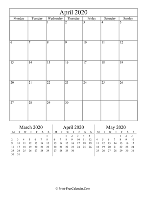 Printable April Calendar 2020 with Holidays