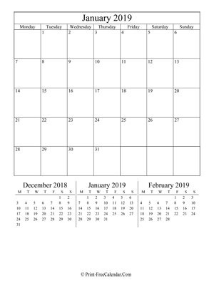 Printable January Calendar 2019 with Holidays