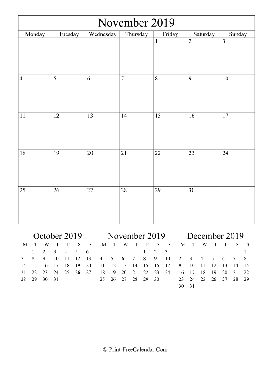 Editable Calendar November 2019 (Portrait Layout)
