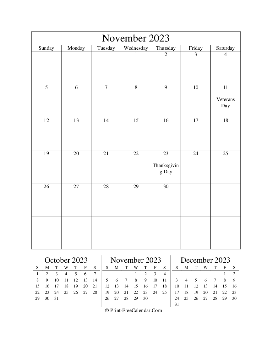 Editable Calendar November 2023 Portrait Layout 
