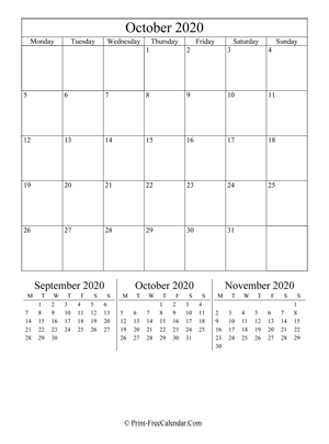 Printable October Calendar 2020 with Holidays