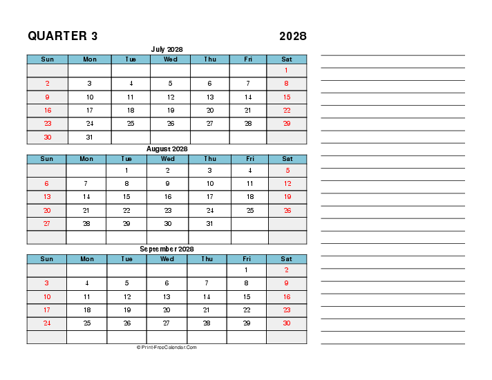 Quarterly Calendar: Q3 2028 (PDF, Word, Excel, Sunday start)