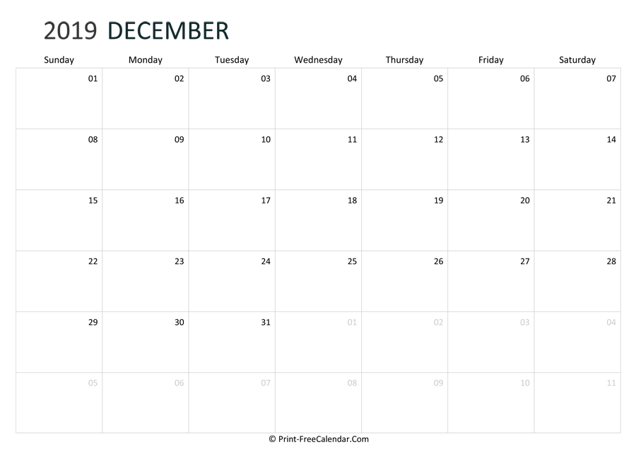 Editable December Calendar 2019 (landscape layout)
