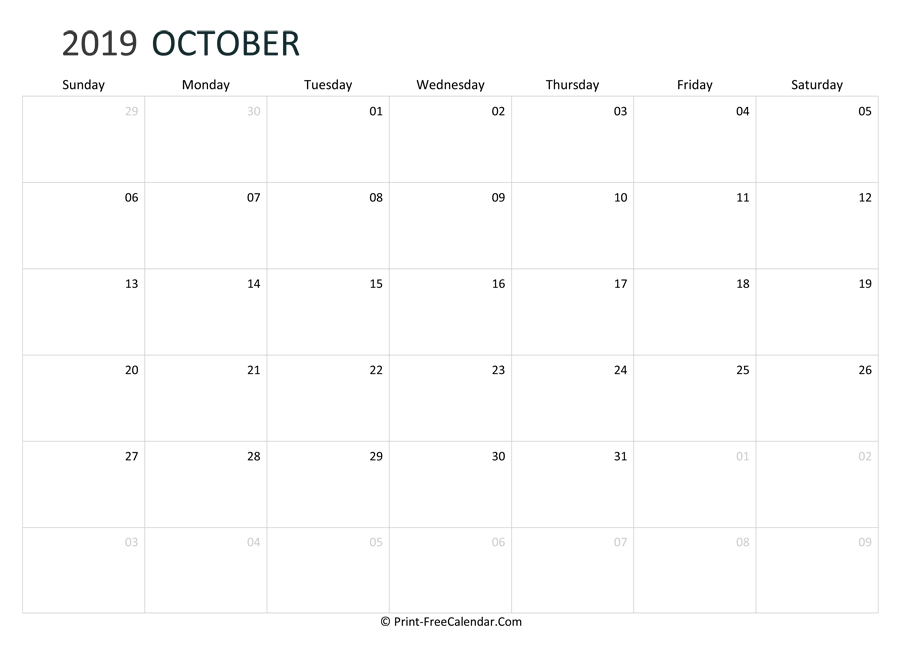 Editable October Calendar 2019 (landscape layout)