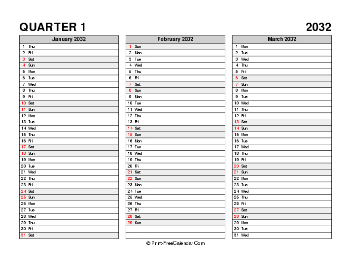 Download Quarter 1 2032 Printable Calendar With Us Holidays Sunday Start