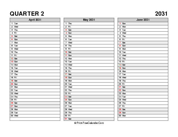 Download Quarter 2 2031 Printable Calendar With Us Holidays Sunday Start