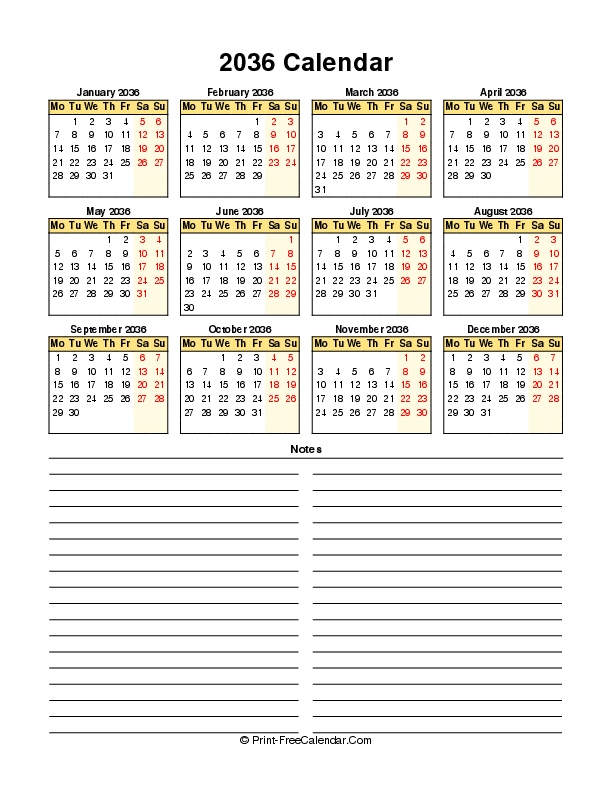 2036 Calendar with Weeks start on Monday (Word, PDF, Excel)