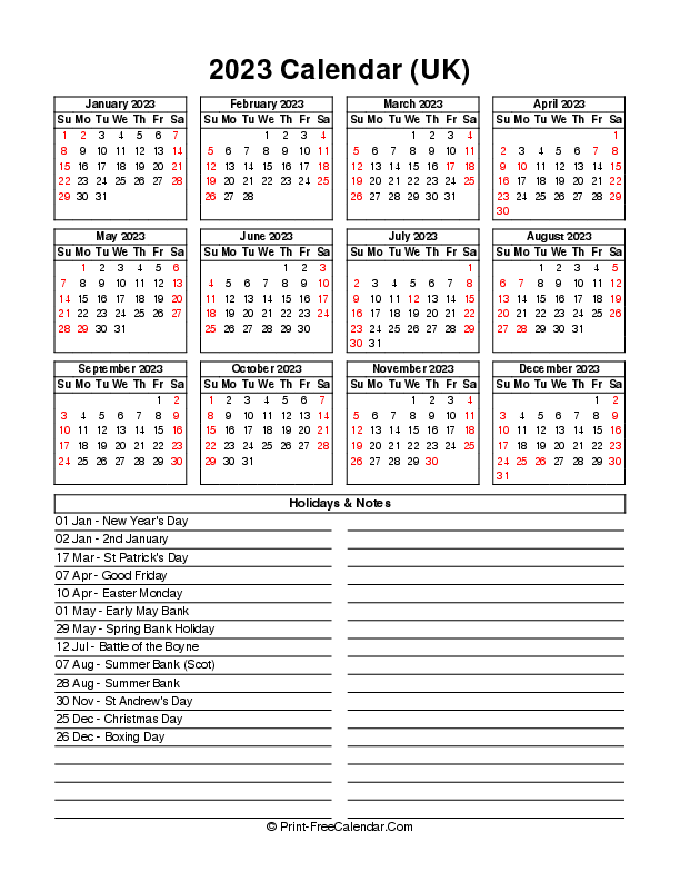 Download Free Printable 2023 Calendar Starting Sunday With Uk Bank ...