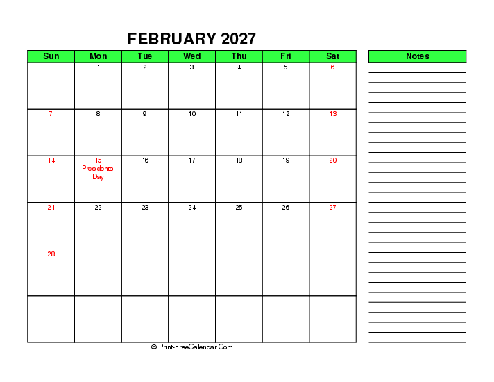 February 2027 Calendars with USA Holidays (Word, PDF, Excel)
