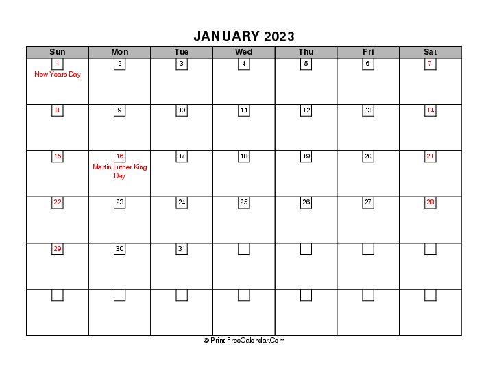 January 2023 Calendars with USA Holidays (Word, PDF, Excel)