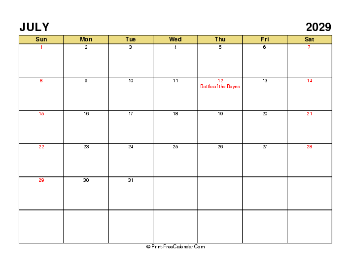 Download July 2029 Calendar With Uk Bank Holidays Sunday Start (PDF ...