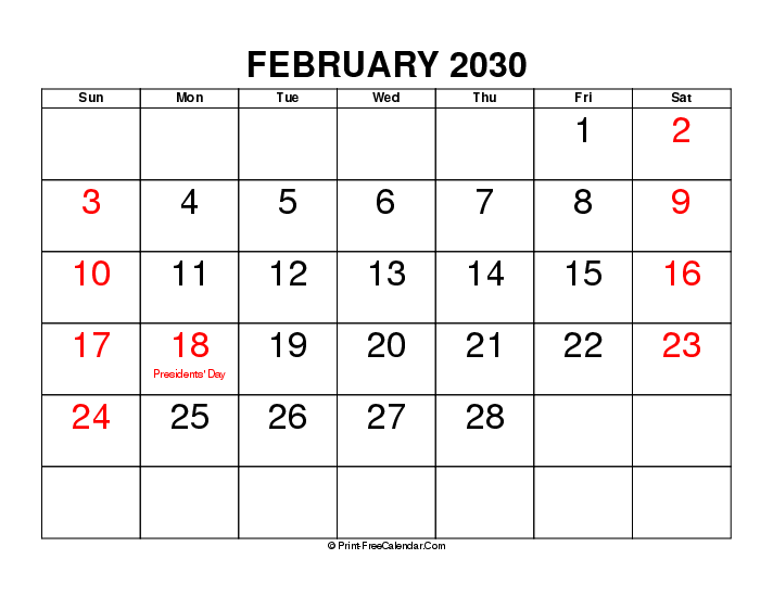 February 2030 Calendars with USA Holidays (Word, PDF, Excel)