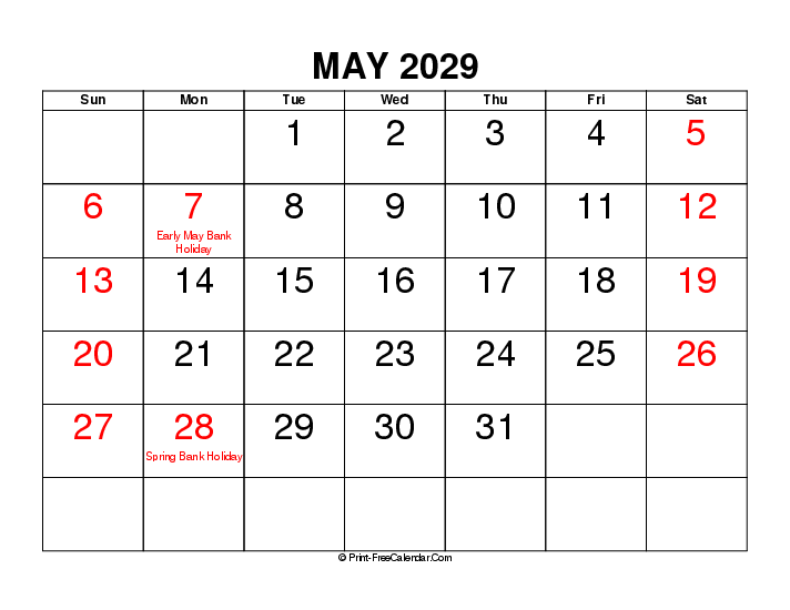 Download Large Font May 2029 Calendar With Uk Bank Holidays Sunday ...