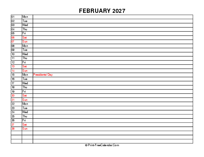 February 2027 Calendars with USA Holidays (Word, PDF, Excel)