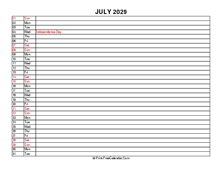 July 2029 Calendars with USA Holidays (Word, PDF, Excel)