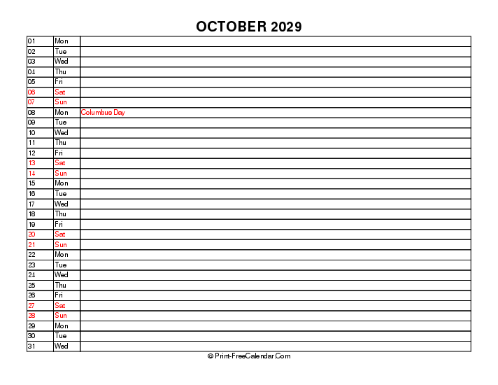 October 2029 Calendars with USA Holidays (Word, PDF, Excel)