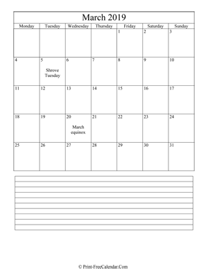 March 2019 Calendar Templates