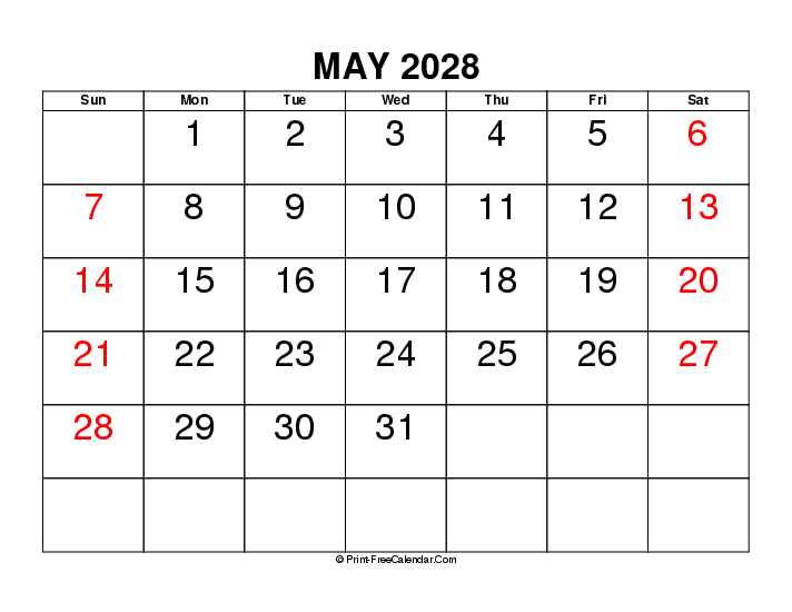 Download May 2028 Calendar Large Font Sunday Start (PDF, Word, Excel ...