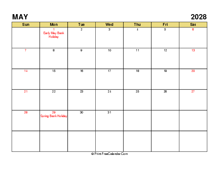 Download May 2028 Calendar With Uk Bank Holidays Sunday Start (PDF ...