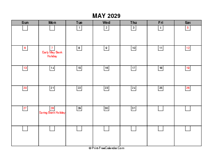 Download May 2029 Boxy Calendar With Uk Bank Holidays Sunday Start (PDF ...