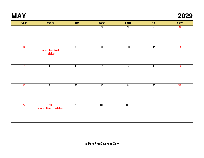 Download May 2029 Calendar With Uk Bank Holidays Sunday Start (PDF ...