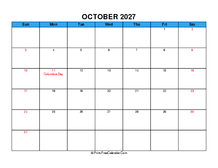 October 2027 Calendars with USA Holidays (Word, PDF, Excel)