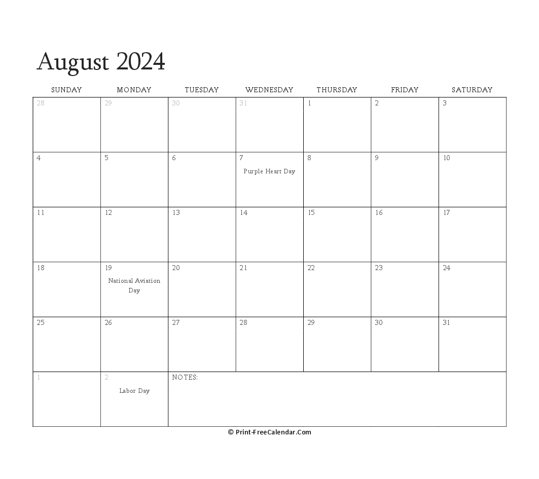 Printable August Calendar 2024 with Holidays