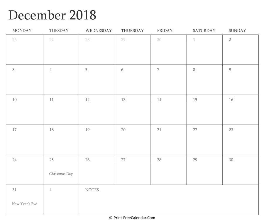 Printable December Calendar 2018 with Holidays