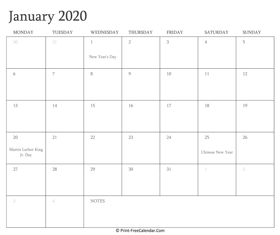 Printable January Calendar 2020 with Holidays