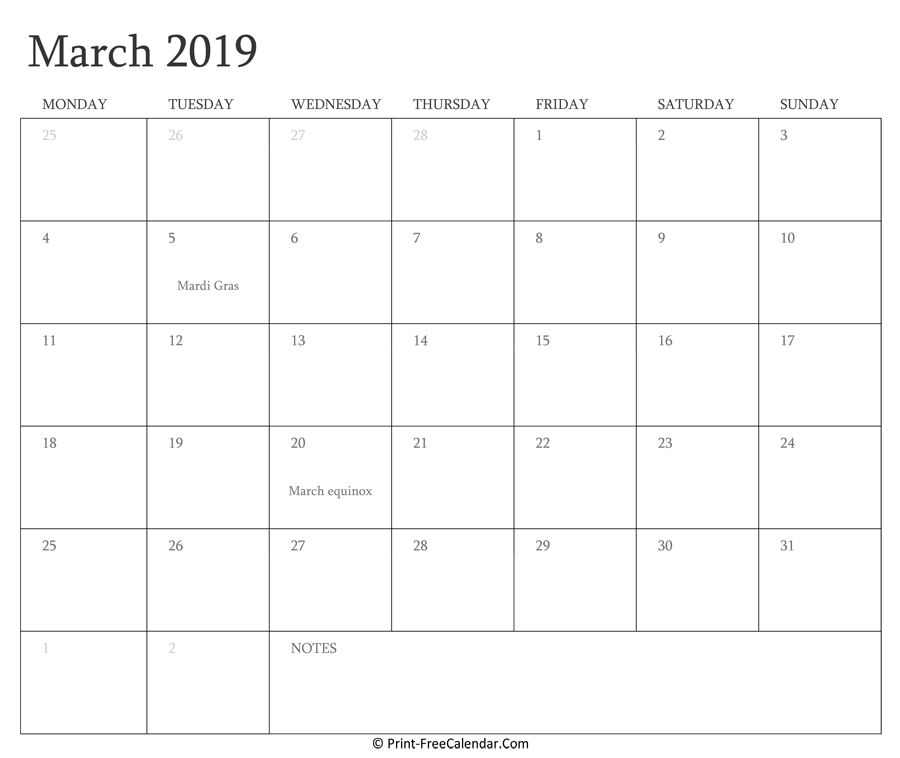 Printable March Calendar 2019 with Holidays