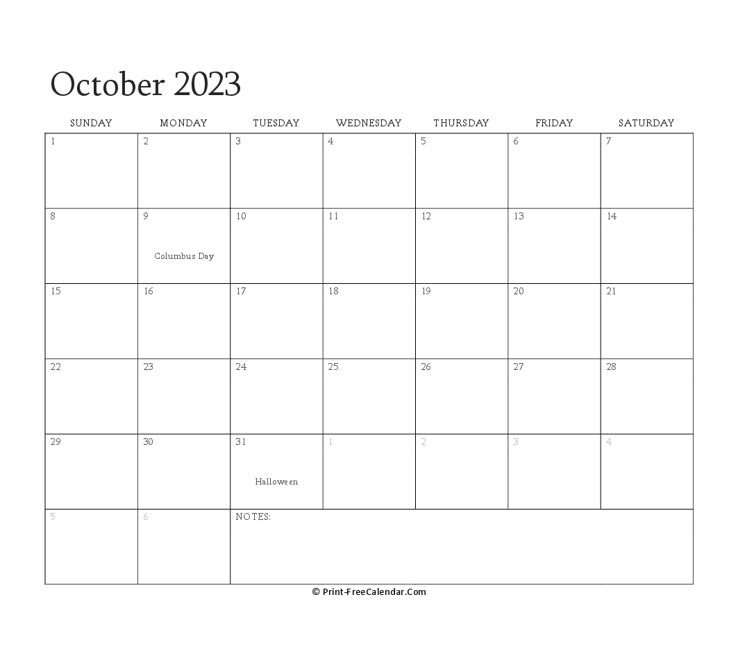 Printable October Calendar 2023 with Holidays