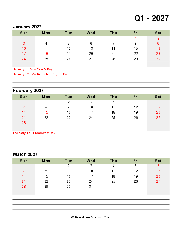 Quarterly Calendar: Q1 2027 (PDF, Word, Excel, Sunday start)