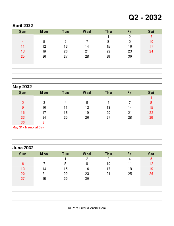 Download Quarter 2 2032 Printable Calendar With Us Holidays Sunday Start