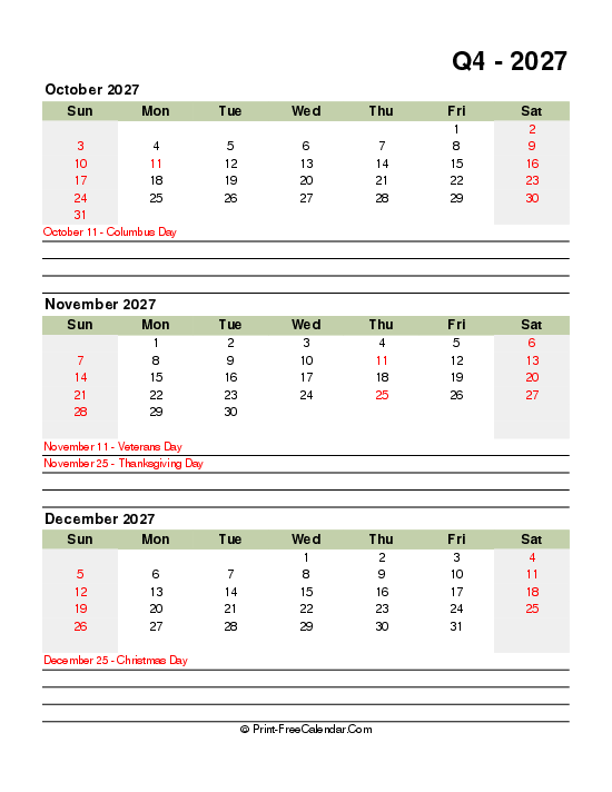 Download Editable Calendar Quarter 4 2027 Sunday Start