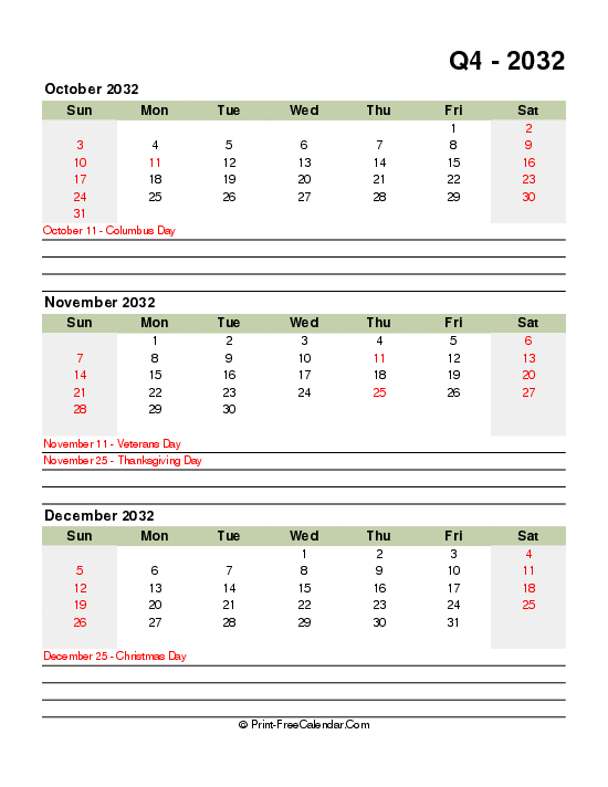 Download Quarterly Calendar With Notes Q4 2032 October November ...